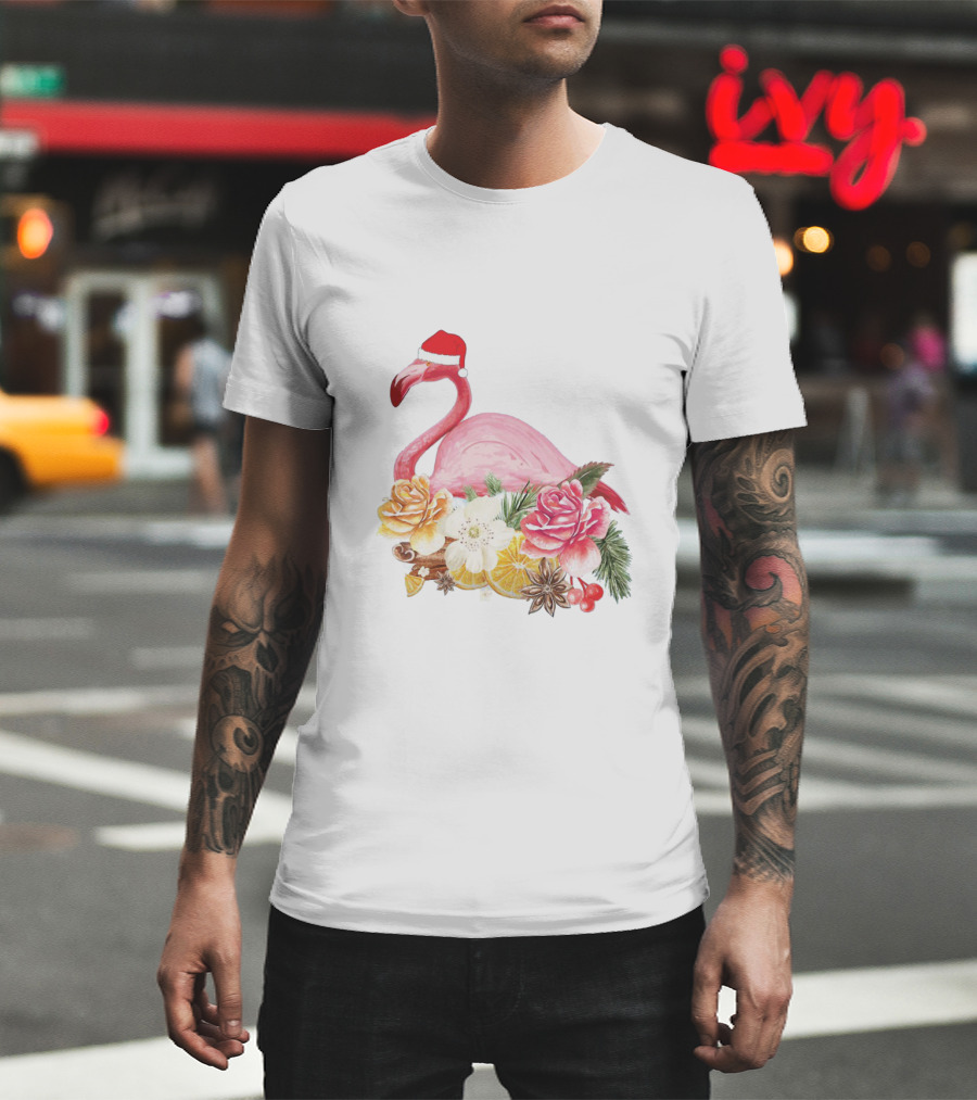 Festive Flamingo With Santa Hat And Holiday Floral Arrangement T-Shirt
