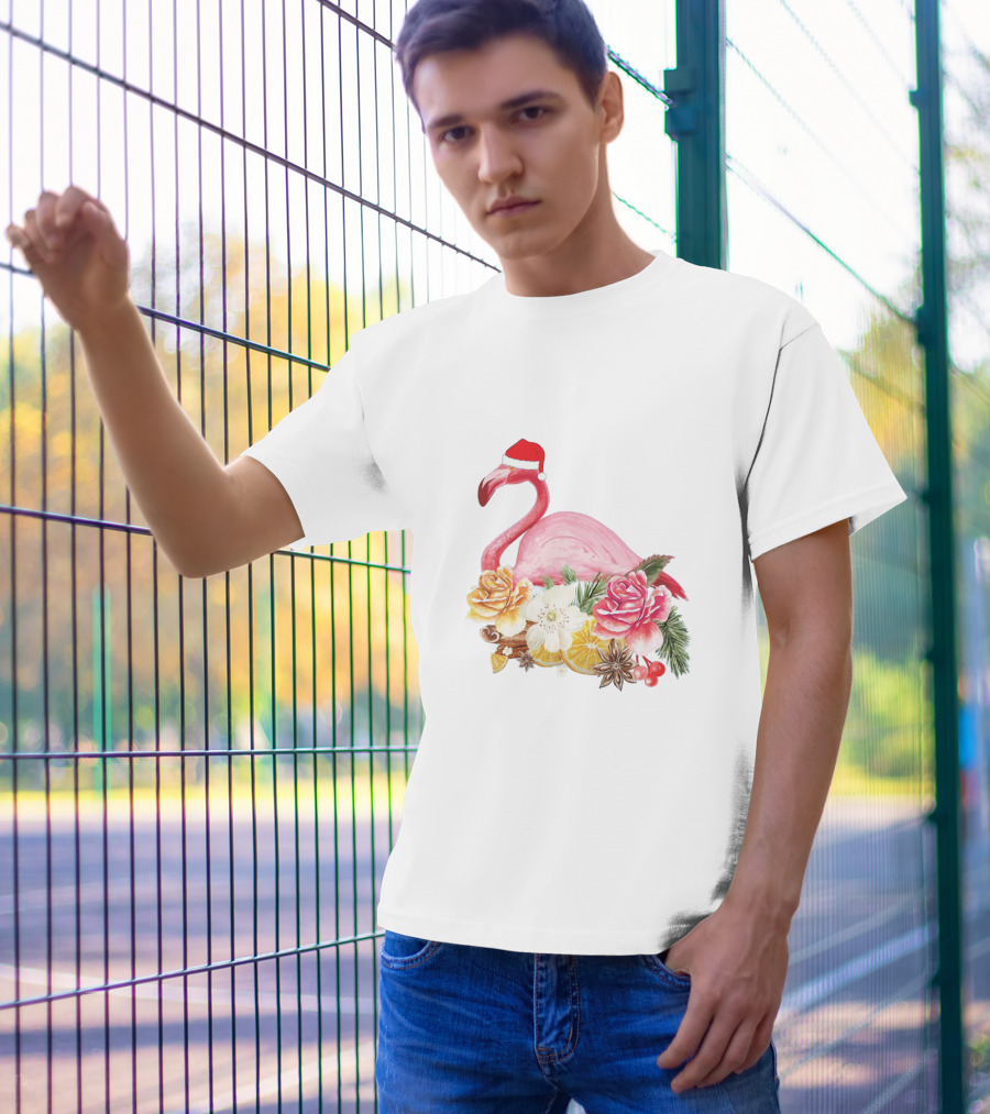 Festive Flamingo With Santa Hat And Holiday Floral Arrangement T-Shirt