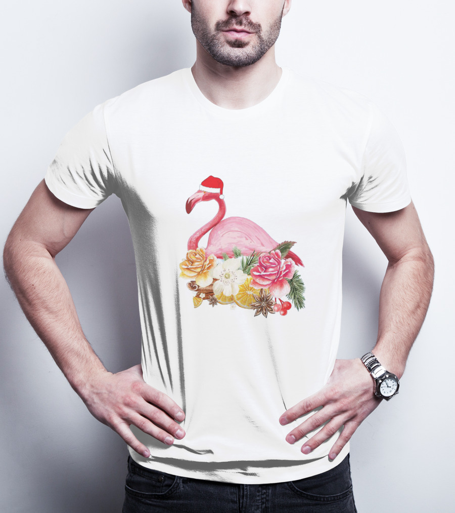 Festive Flamingo With Santa Hat And Holiday Floral Arrangement T-Shirt