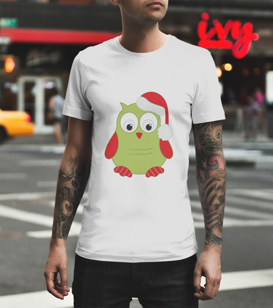 Cute Santa Owl Christmas Green And Red Cartoon Owl Santa Hat T-Shirt
