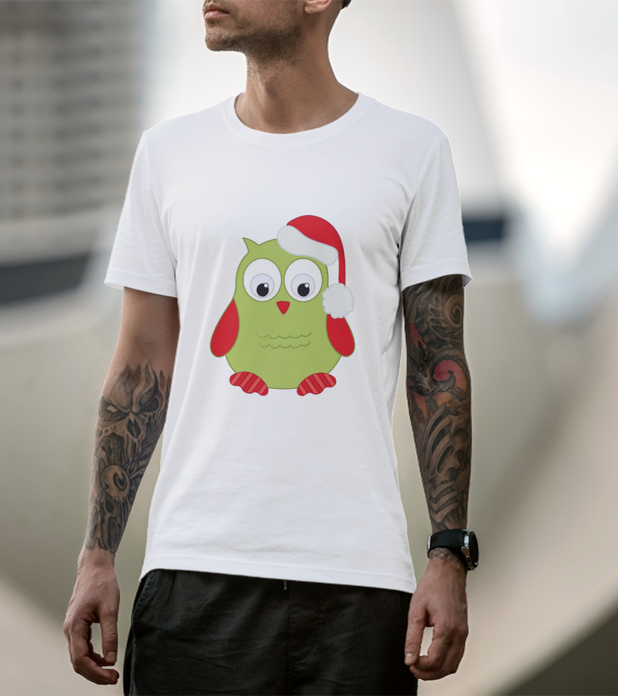 Cute Santa Owl Christmas Green And Red Cartoon Owl Santa Hat T-Shirt