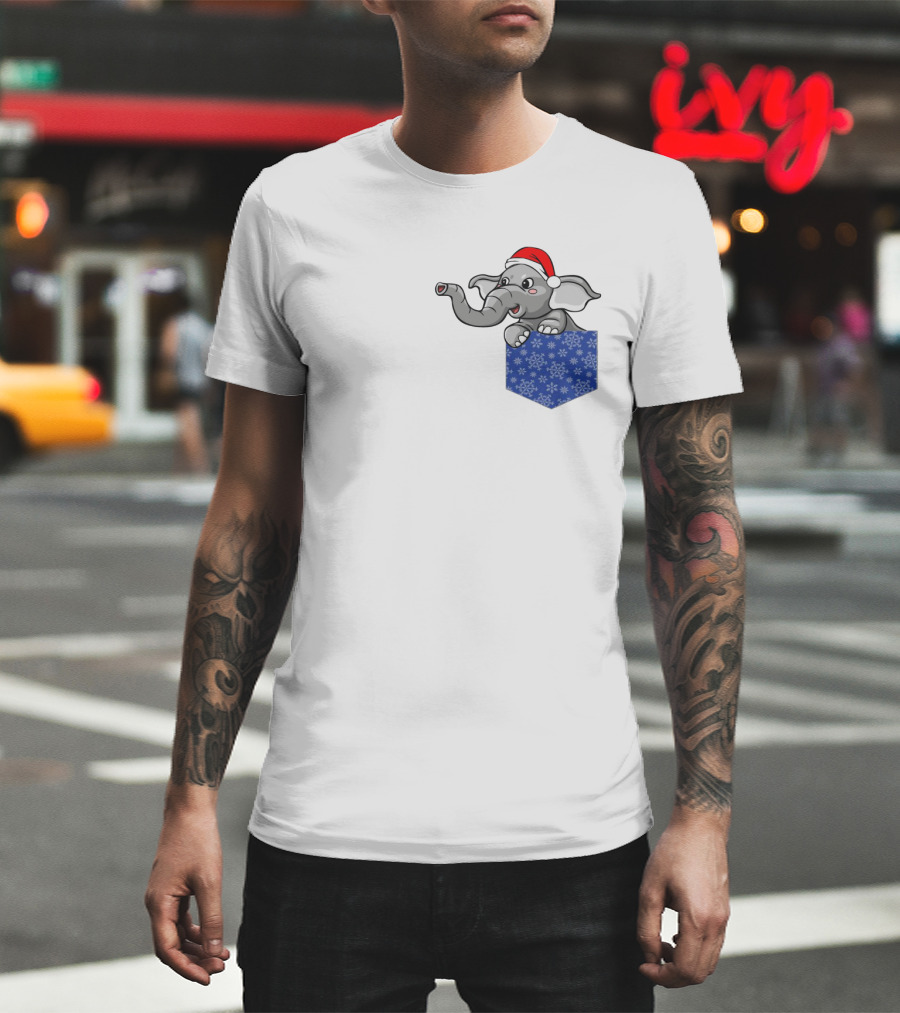 Christmas Holiday Pocket Elephant With Santa Hat And Blue Snowflake Pattern Pocket T-Shirt