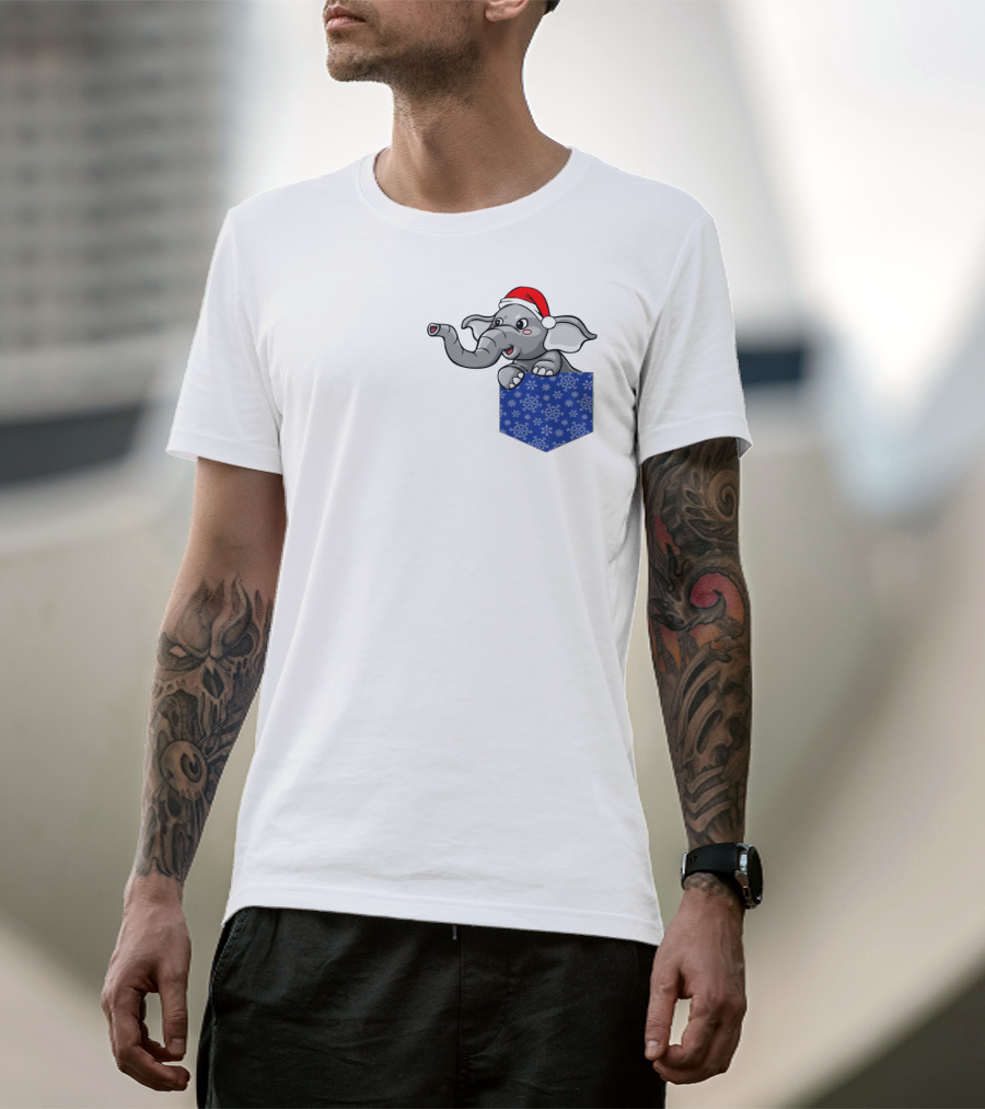 Christmas Holiday Pocket Elephant With Santa Hat And Blue Snowflake Pattern Pocket T-Shirt
