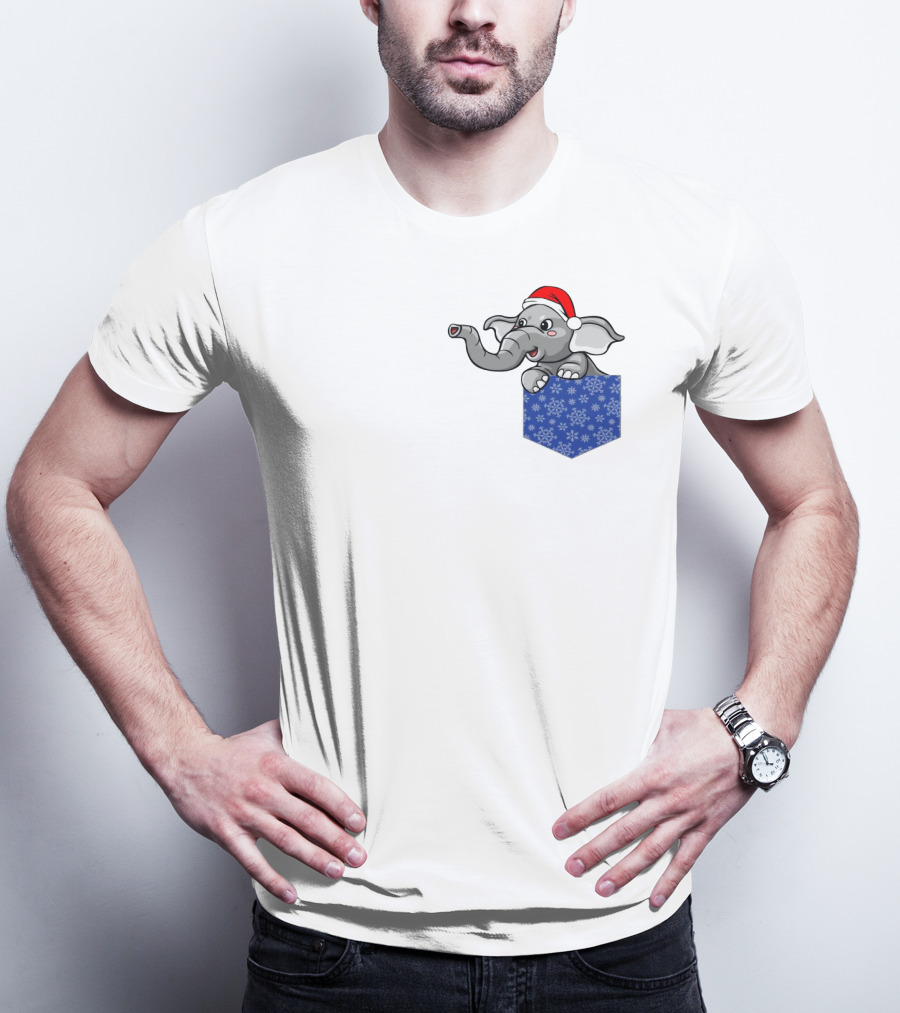 Christmas Holiday Pocket Elephant With Santa Hat And Blue Snowflake Pattern Pocket T-Shirt