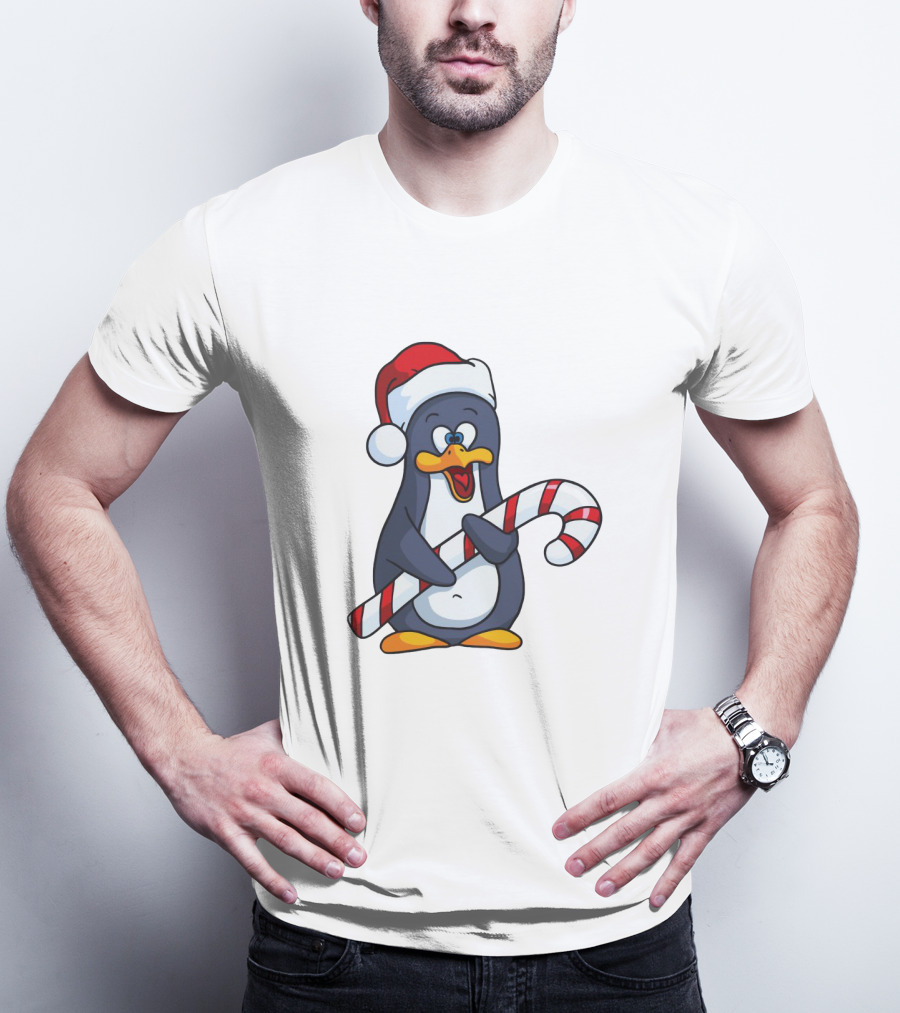 Jolly Christmas Penguin With Santa Hat And Candy Cane T-Shirt