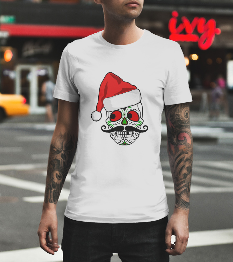 Santa Hat Festive Sugar Skull Christmas T-Shirt