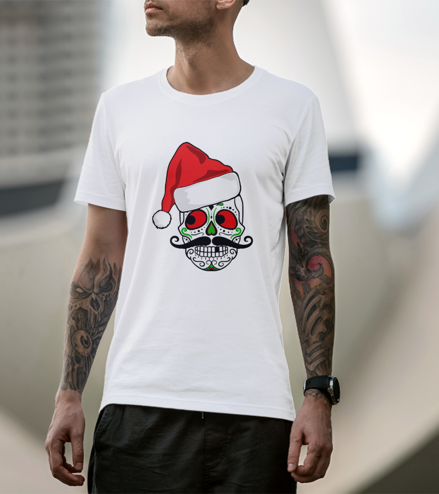 Santa Hat Festive Sugar Skull Christmas T-Shirt