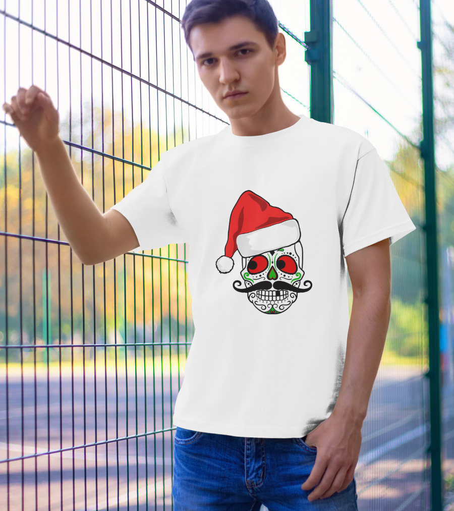 Santa Hat Festive Sugar Skull Christmas T-Shirt