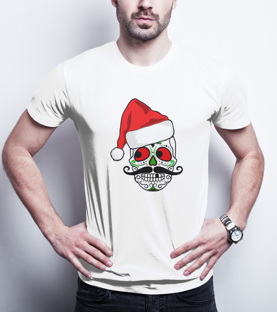 Santa Hat Festive Sugar Skull Christmas T-Shirt