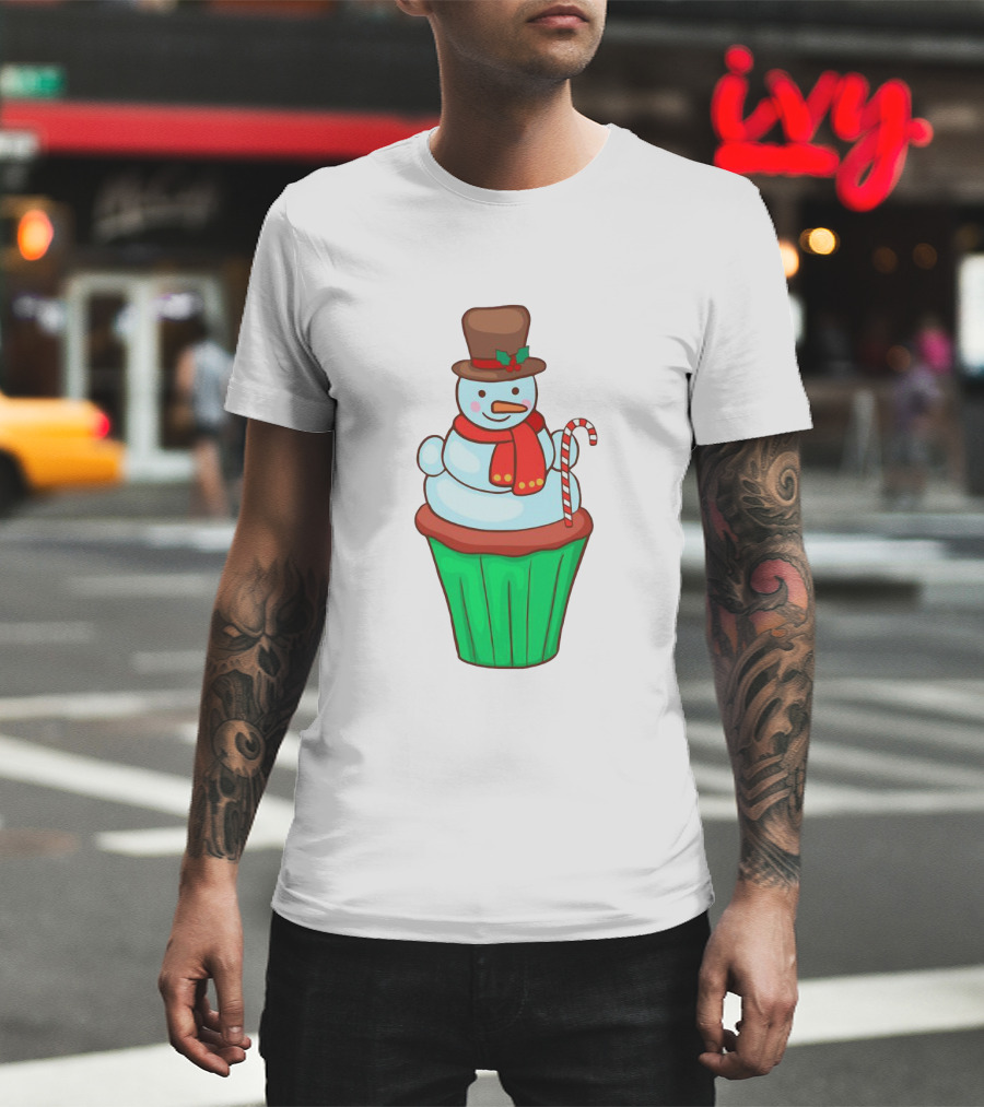 Xmas Cupcake Muffins With Snowman And Candy Cane Holiday T-Shirt