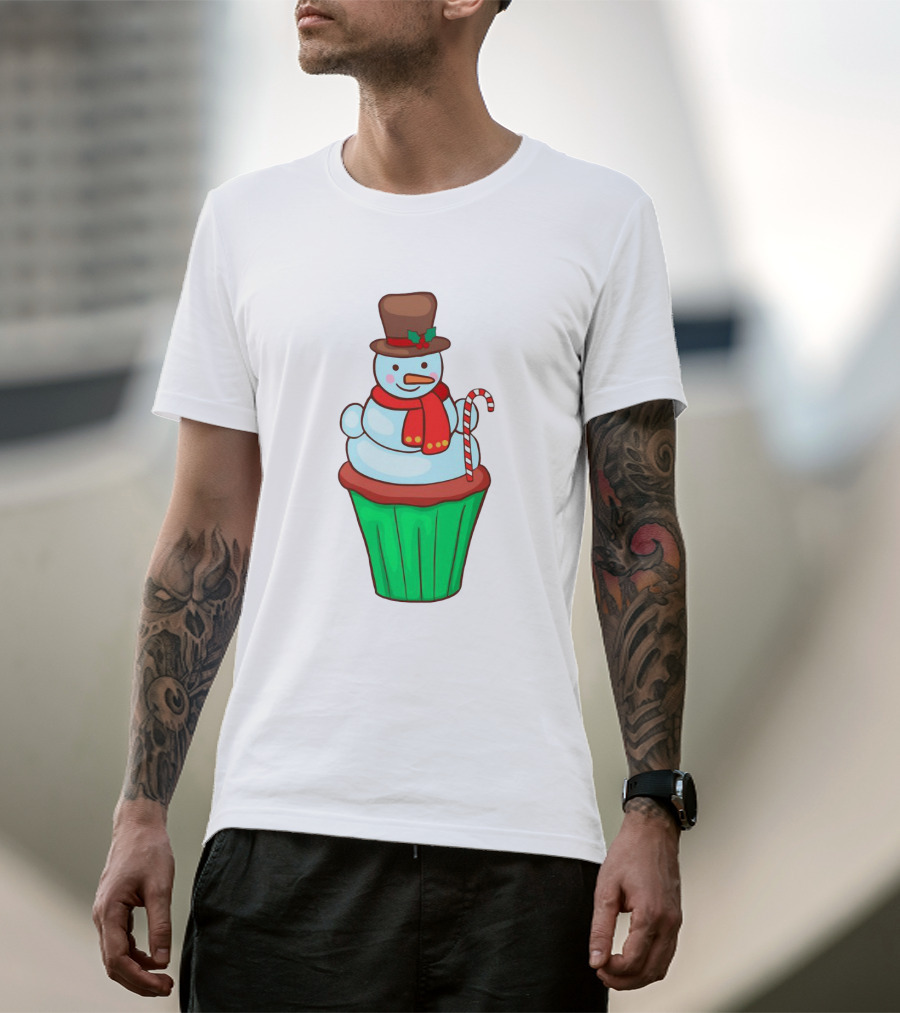 Xmas Cupcake Muffins With Snowman And Candy Cane Holiday T-Shirt