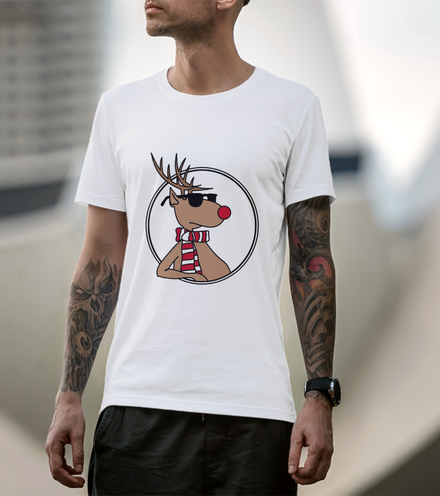 Deer Cool Reindeer In Sunglasses And Striped Scarf T-Shirt