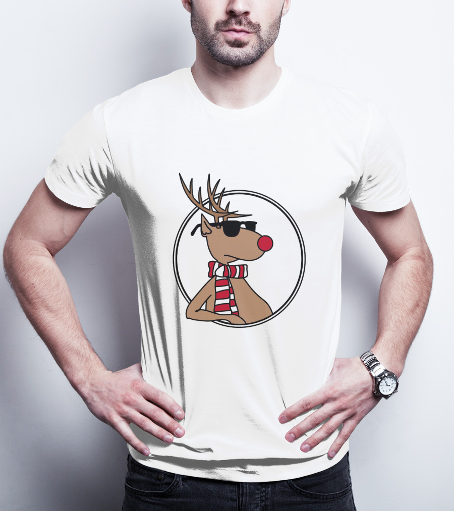 Deer Cool Reindeer In Sunglasses And Striped Scarf T-Shirt