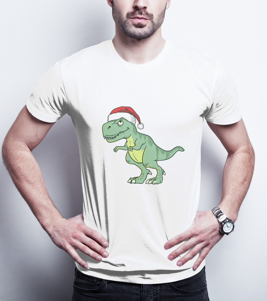 Christmas Dinosaur Wearing Santa Hat T-Shirt