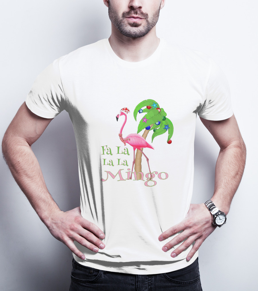 Festive Fa La La La Mingo Pink Flamingo Holiday Tropical Palm Tree T-Shirt