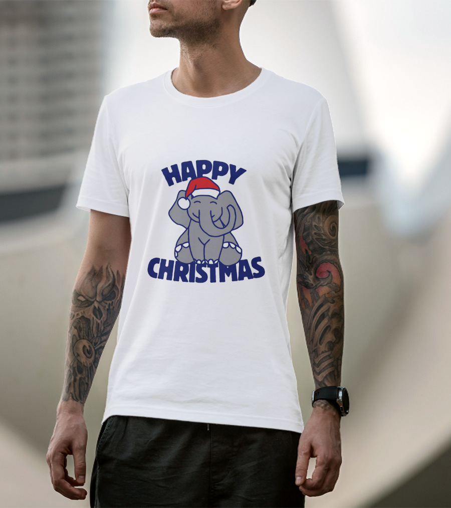 Happy Christmas Elephant With Santa Hat Festive T-Shirt