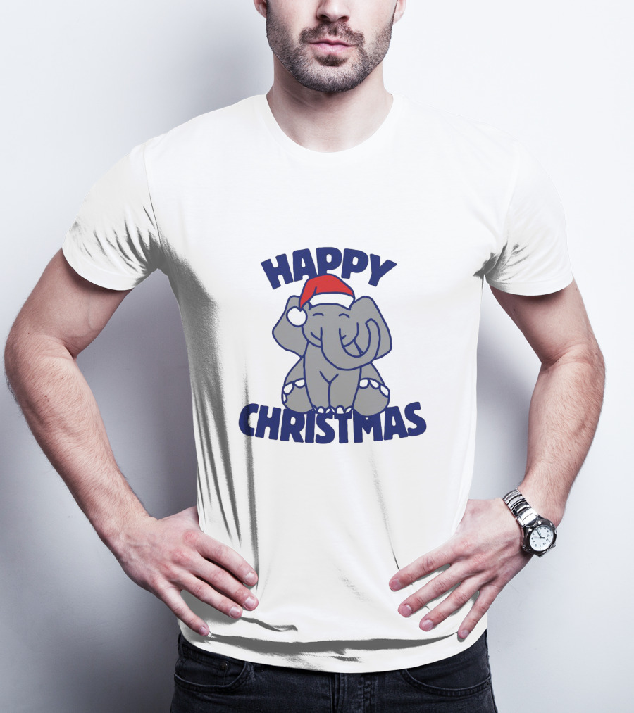 Happy Christmas Elephant With Santa Hat Festive T-Shirt