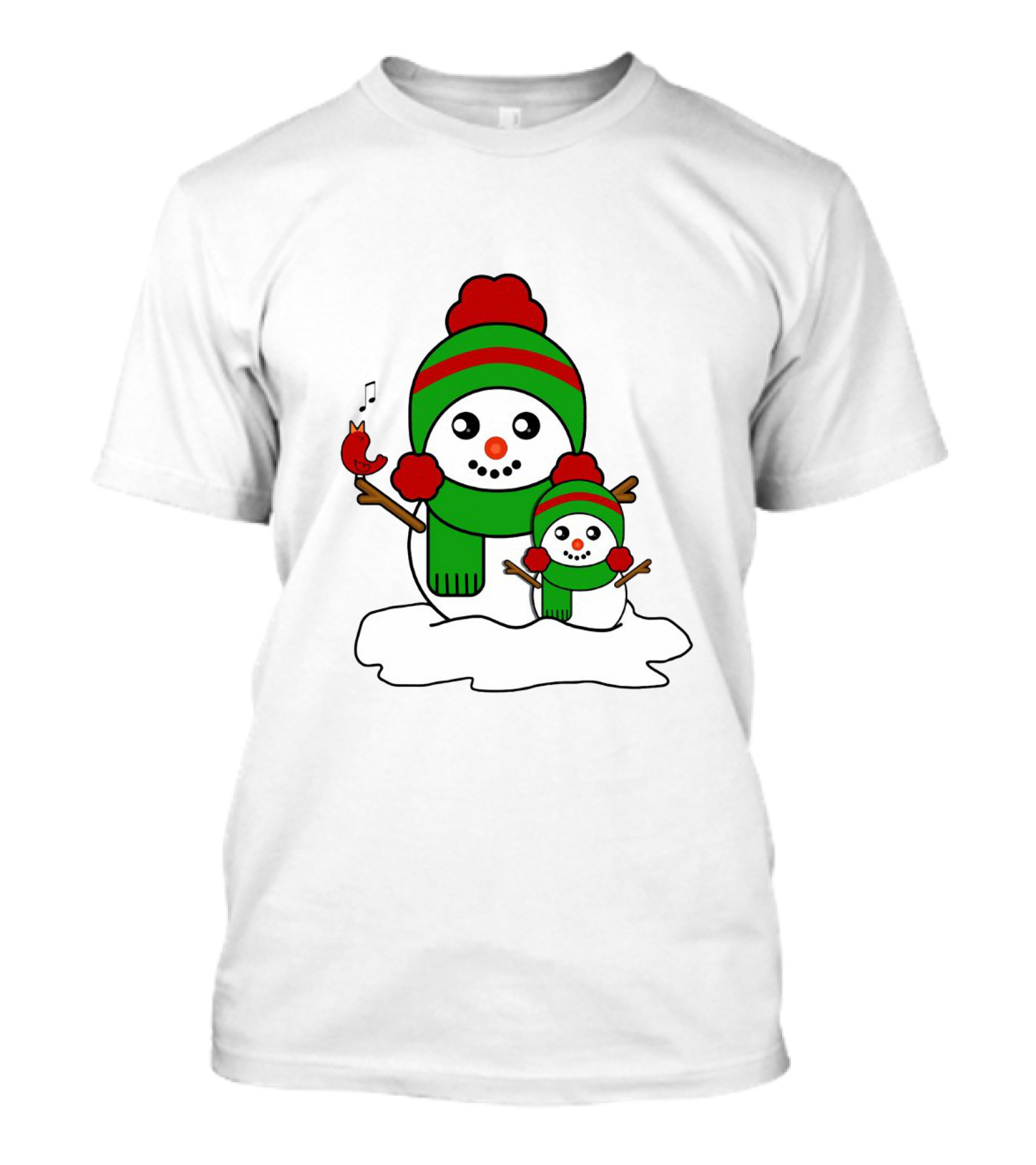 Happy Together Snowman And Singing Cardinal With Red And Green Winter Hats And Scarves T-Shirt