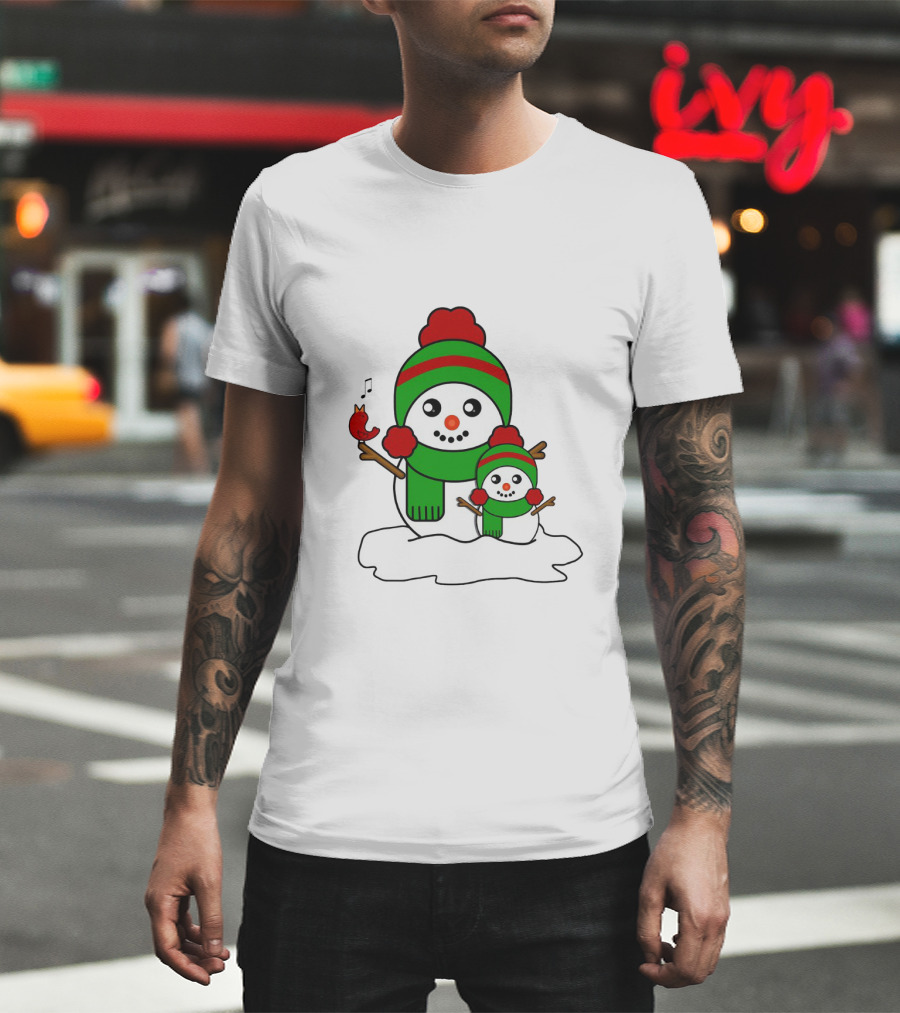 Happy Together Snowman And Singing Cardinal With Red And Green Winter Hats And Scarves T-Shirt