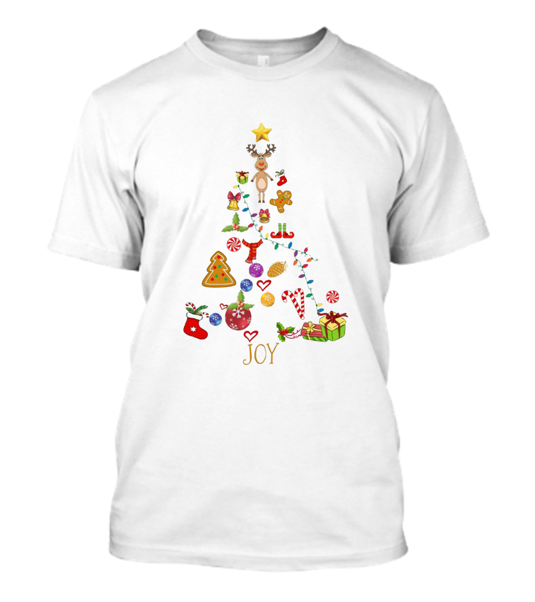Joyful Merry Xmas Tree With Festive Ornaments And Reindeer Star Topper T-Shirt