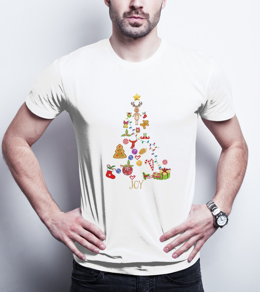 Joyful Merry Xmas Tree With Festive Ornaments And Reindeer Star Topper T-Shirt