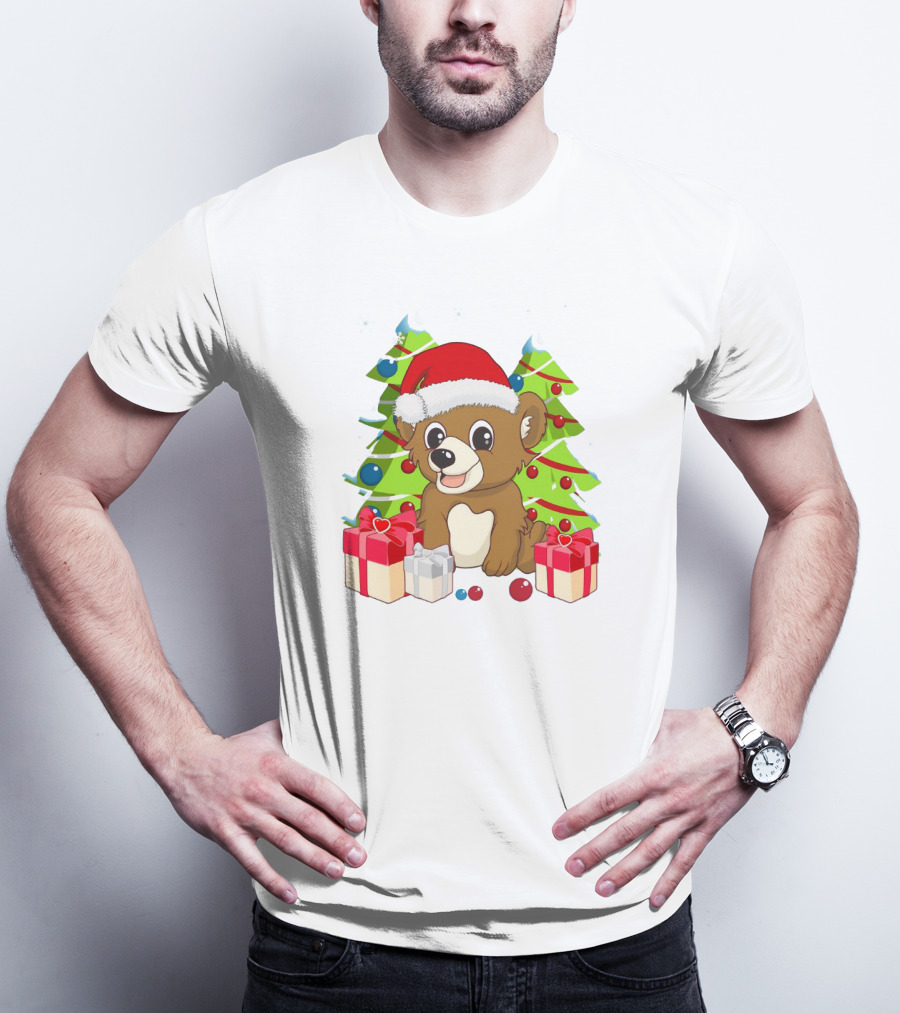 Santa Cute Bear With Christmas Trees And Presents T-Shirt