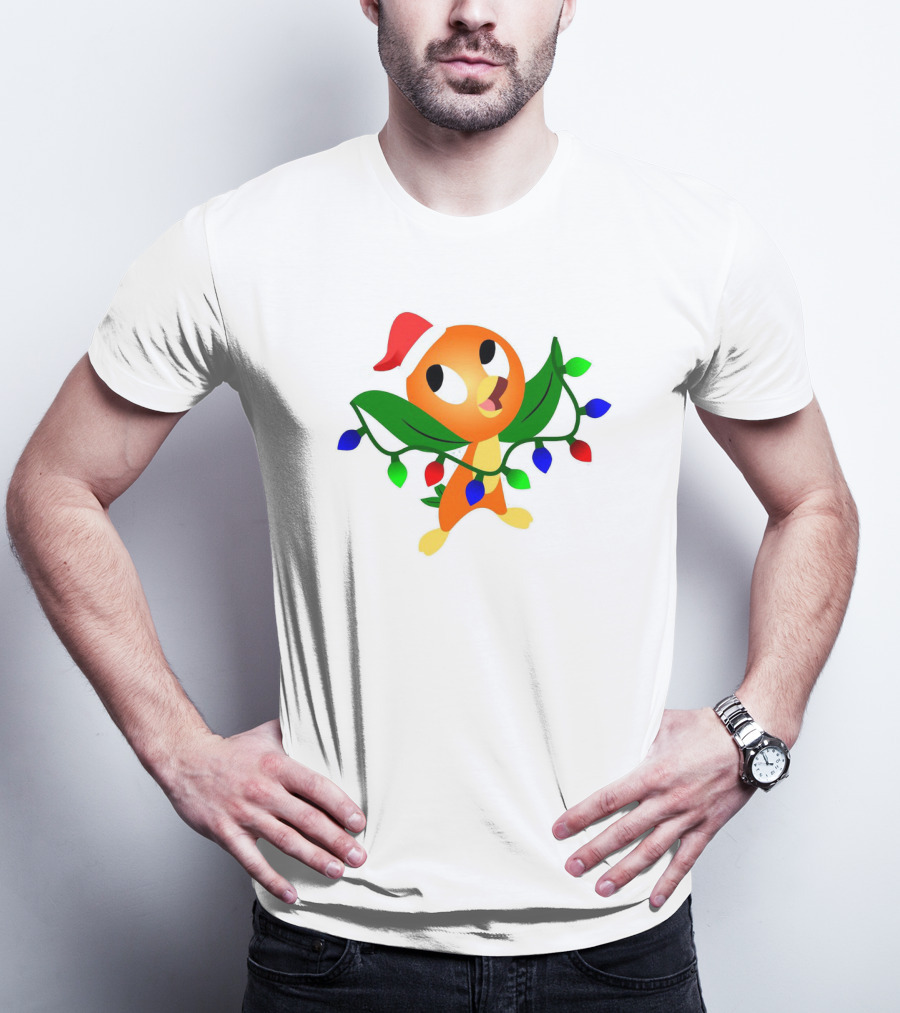 Think Christmas Thoughts Orange Bird With Santa Hat And Festive Lights T-Shirt