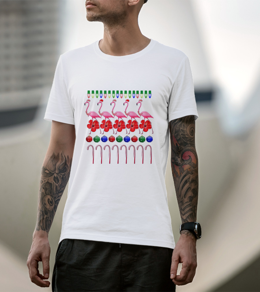 Ugly Christmas Pink Flamingo With Festive Lights Hibiscus Ornaments And Candy Canes T-Shirt