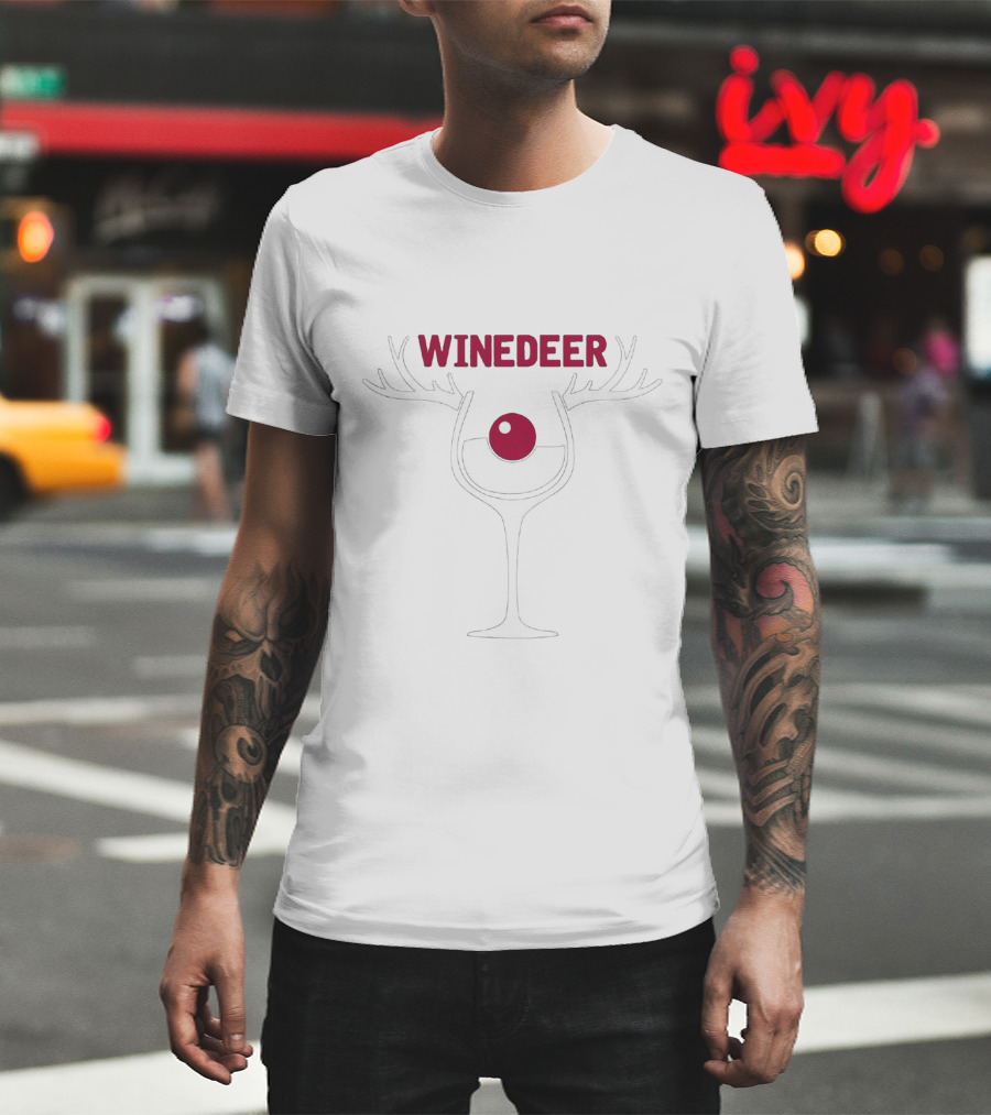 Winedeer Antlered Wine Glass With Festive Red Ball Accent T-Shirt