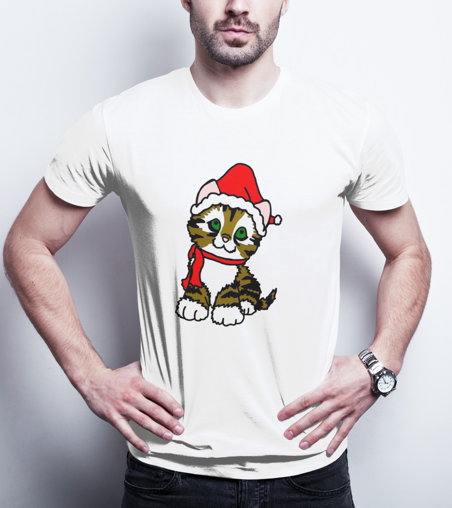 A Cute Tabby Kitten Dressed In Santa Hat And Scarf T-Shirt