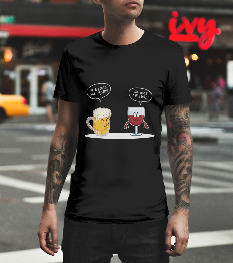 Beer And Wine Cartoon Debate: She Loves Me More Playful Rivalry T-Shirt