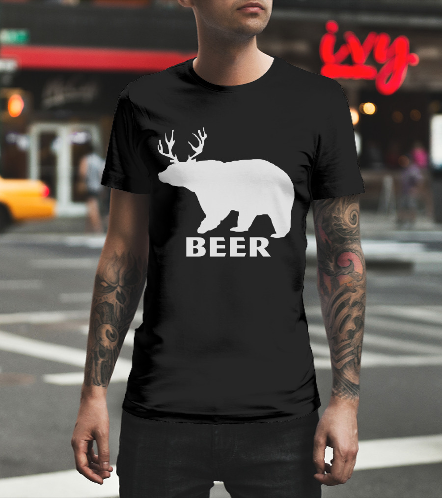 Beer Funny Drinking Bear With Antlers T-Shirt