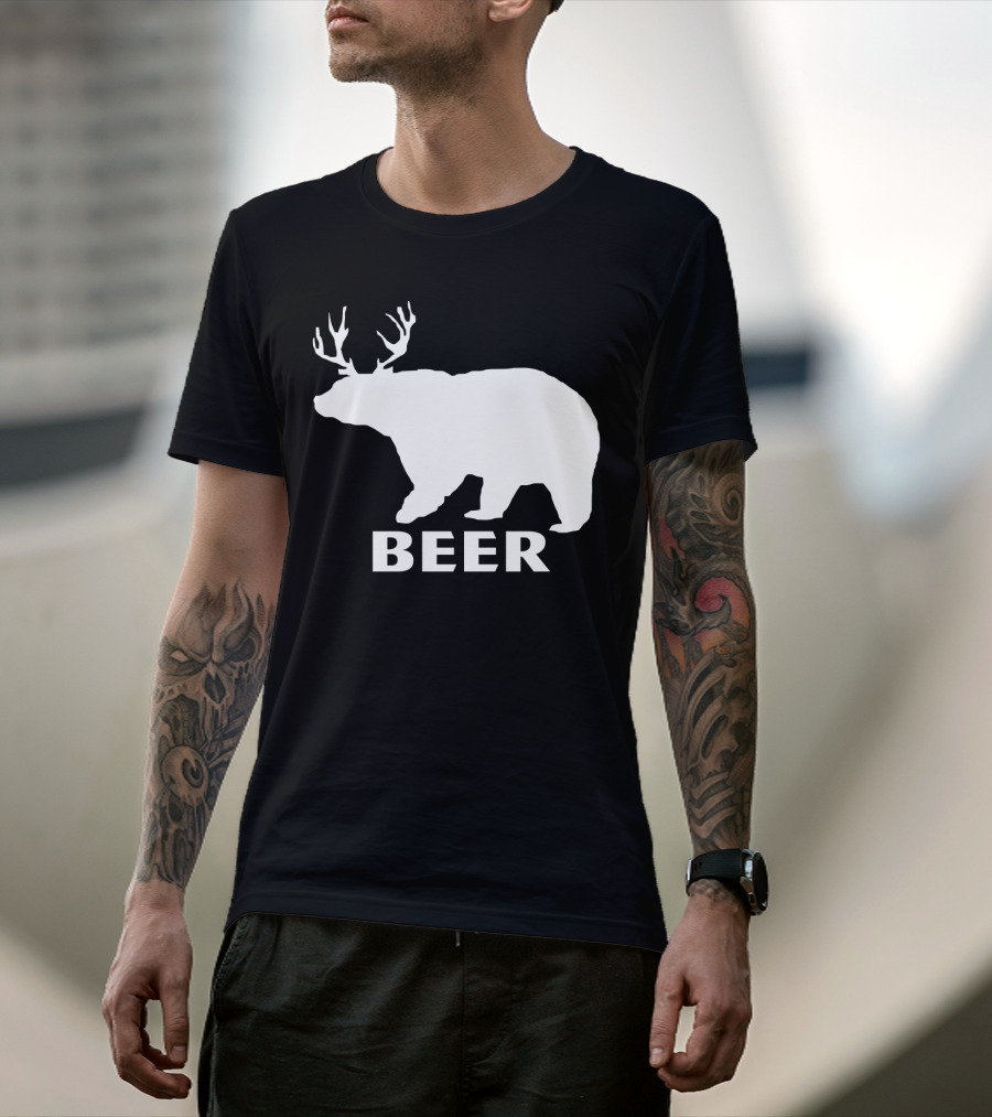 Beer Funny Drinking Bear With Antlers T-Shirt