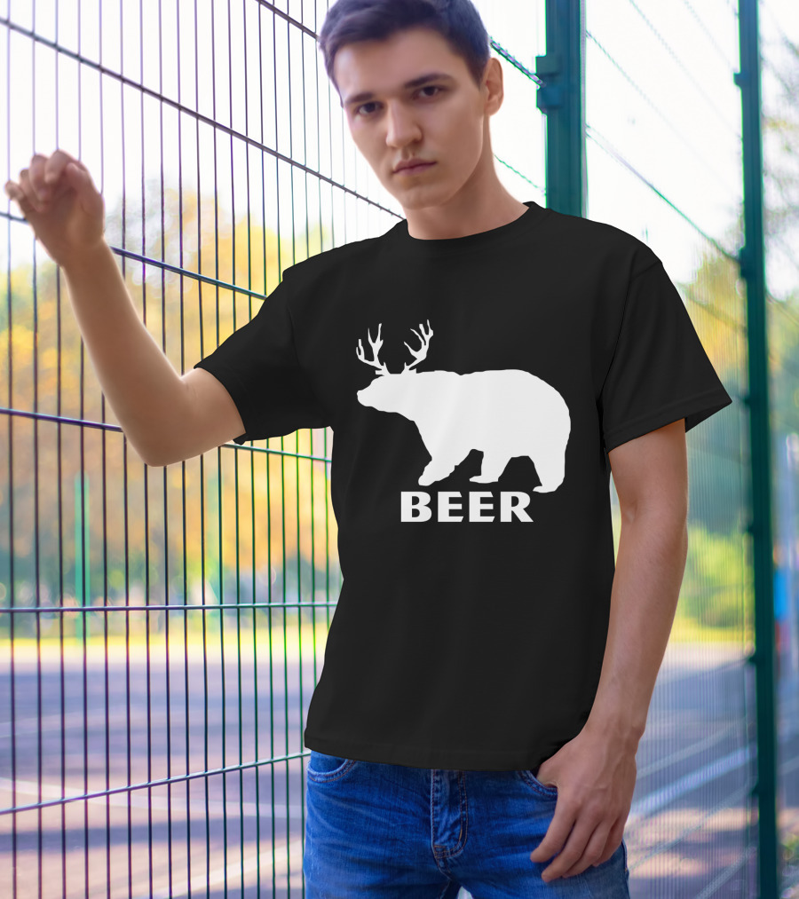 Beer Funny Drinking Bear With Antlers T-Shirt