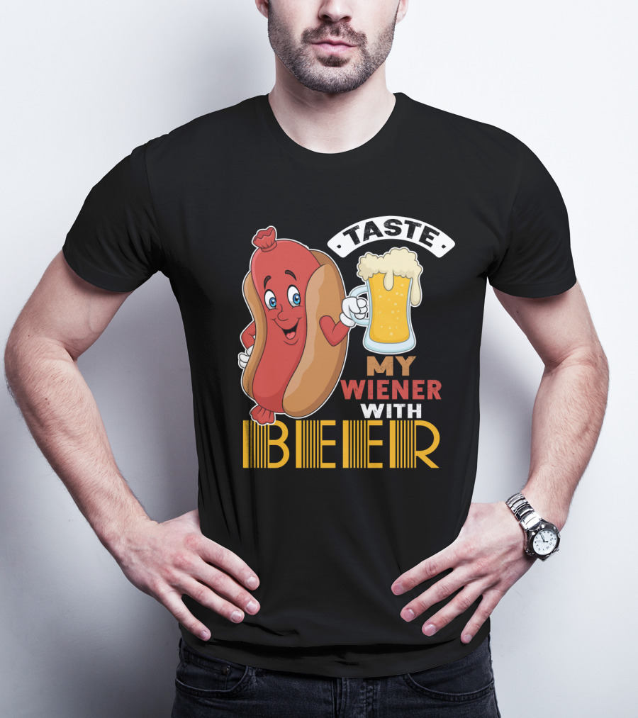 Taste My Wiener With Beer Funny Hot Dog Cartoon For Party T-Shirt