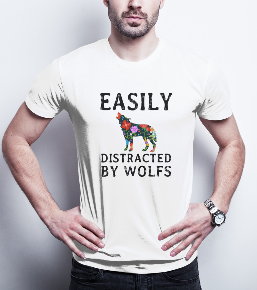 Easily Distracted By Wolfs Vibrant Floral Pattern Wolf T-Shirt