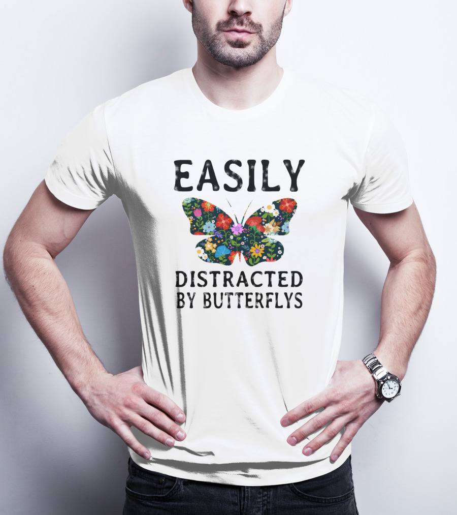 Easily Distracted By Butterflys Floral Pattern Butterfly T-Shirt