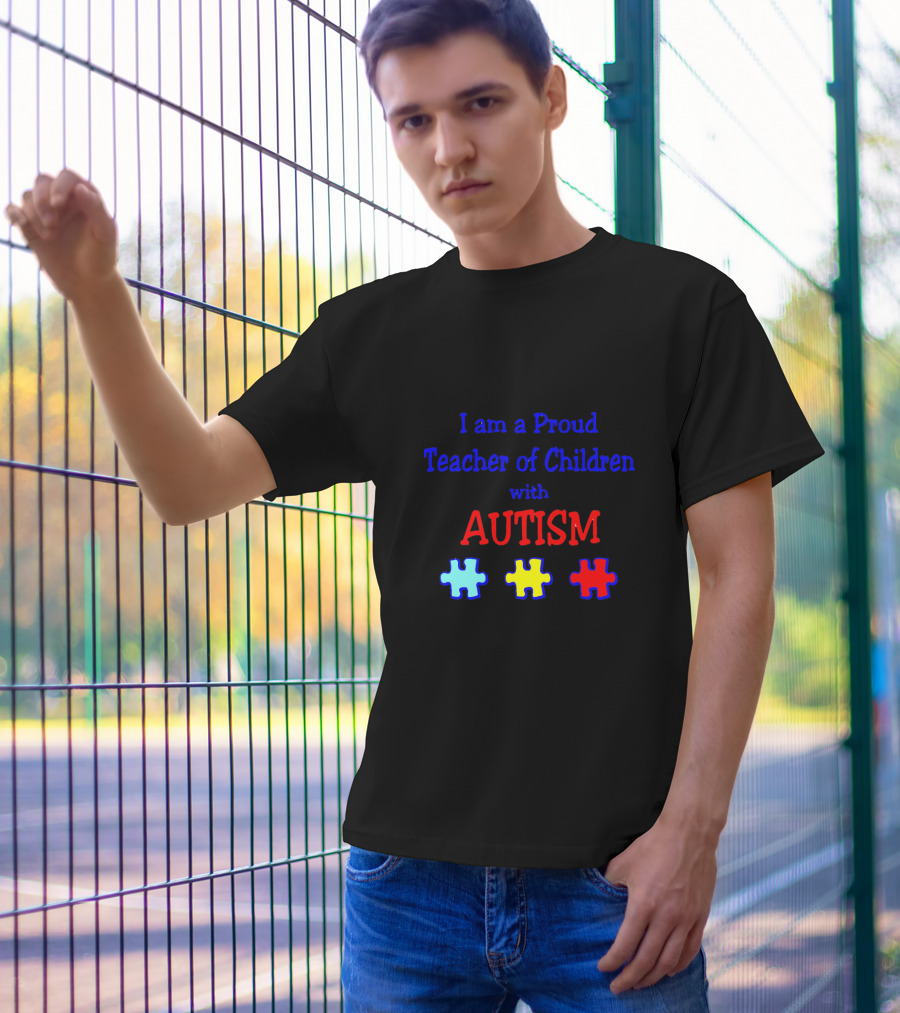 Proud Teacher Of Children With Autism Featuring Autism Puzzle Pieces T-Shirt