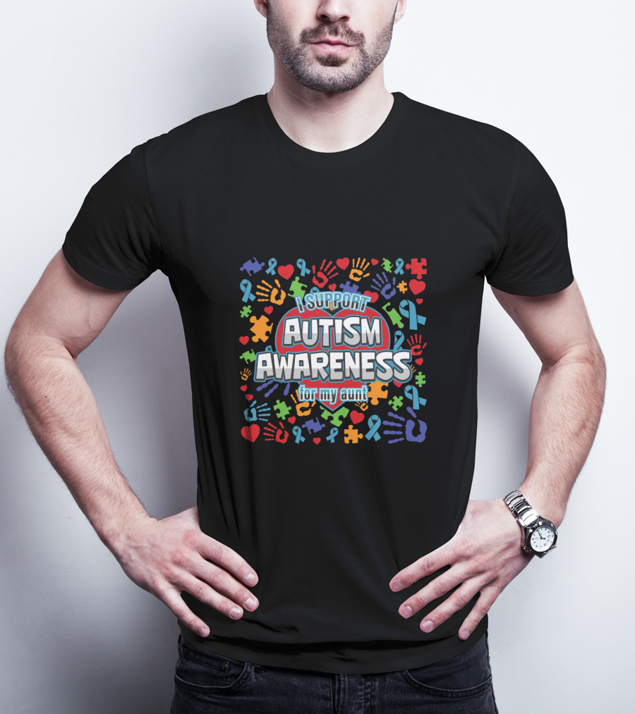 I Support Autism Awareness For My Aunt Colorful Puzzle Ribbon Hearts Hands T-Shirt