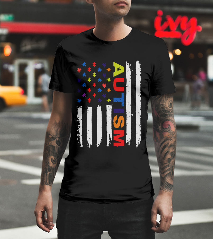 Autism Awareness Flag Design With Colorful Puzzle Pieces And Vertical Stripes T-Shirt