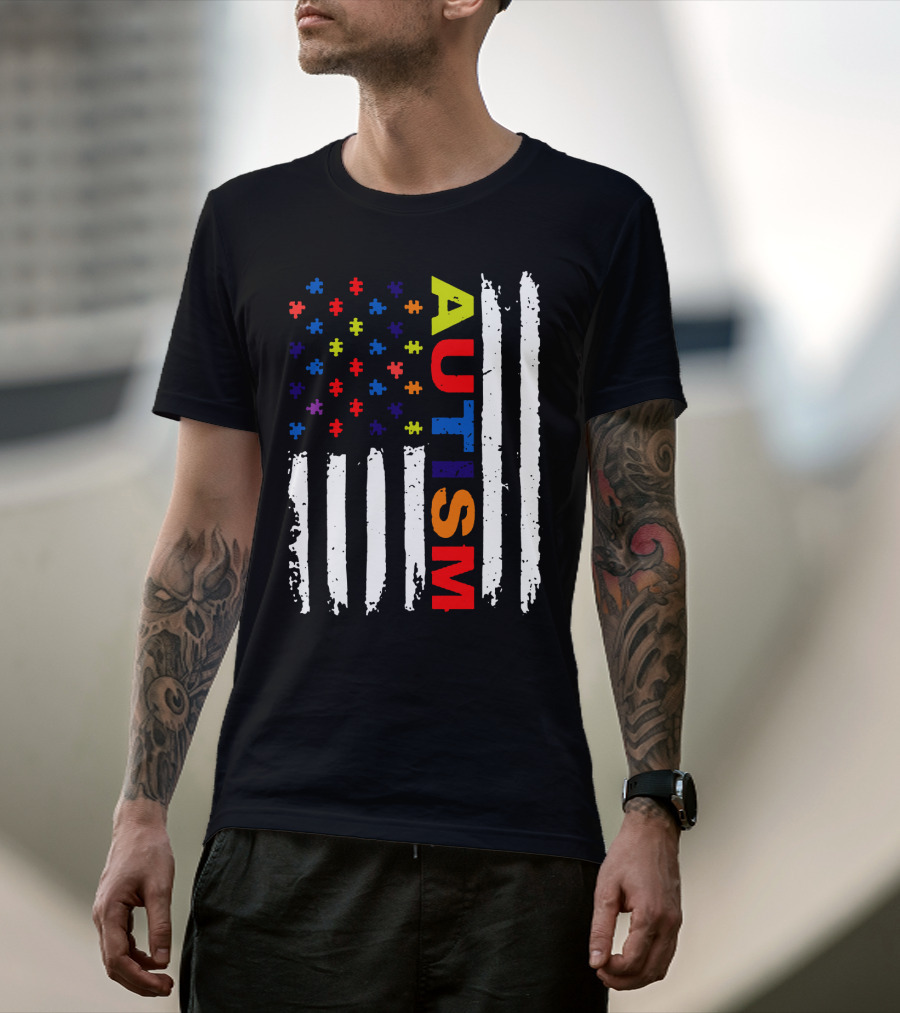 Autism Awareness Flag Design With Colorful Puzzle Pieces And Vertical Stripes T-Shirt