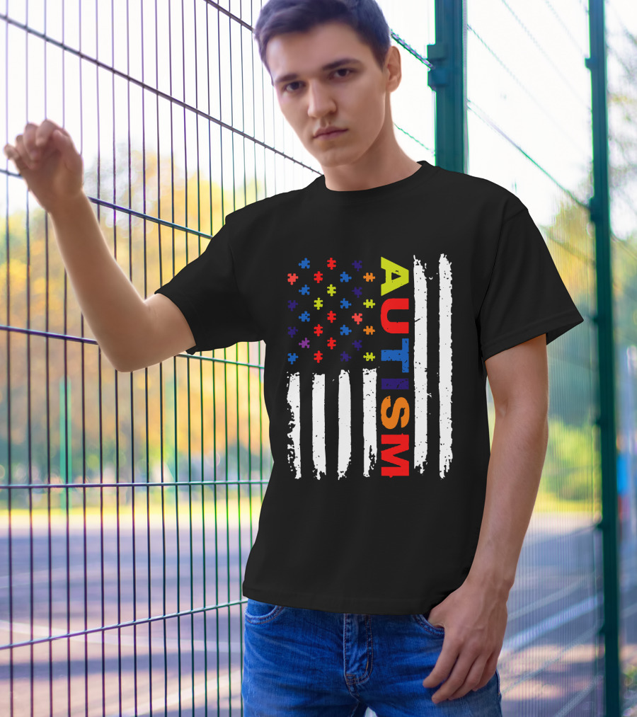 Autism Awareness Flag Design With Colorful Puzzle Pieces And Vertical Stripes T-Shirt