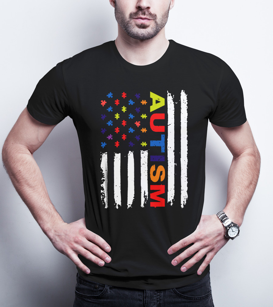 Autism Awareness Flag Design With Colorful Puzzle Pieces And Vertical Stripes T-Shirt