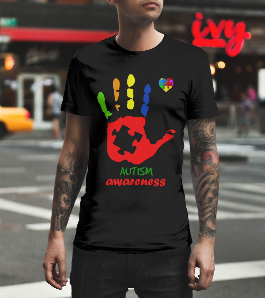 Autism Awareness Colorful Handprint With Puzzle Heart T-Shirt