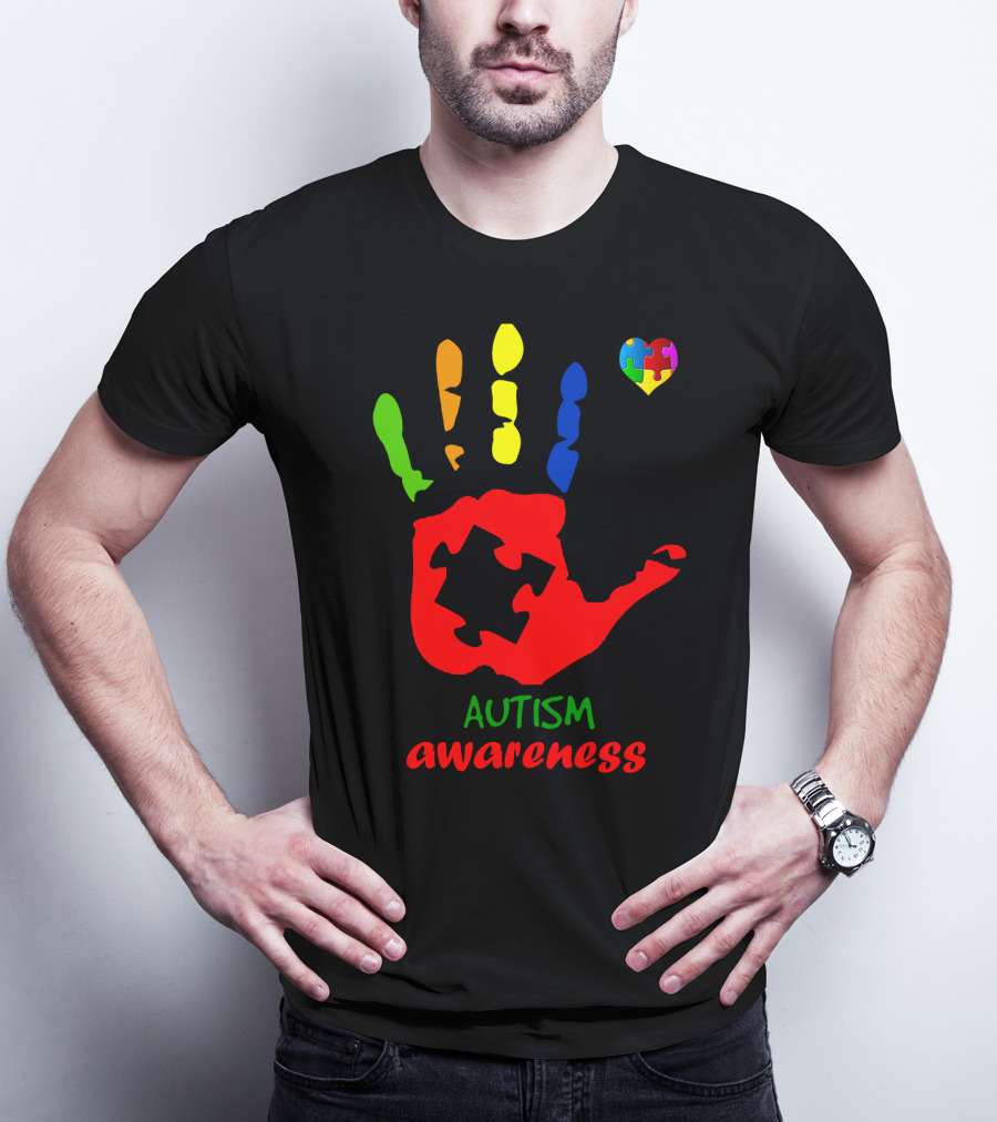 Autism Awareness Colorful Handprint With Puzzle Heart T-Shirt