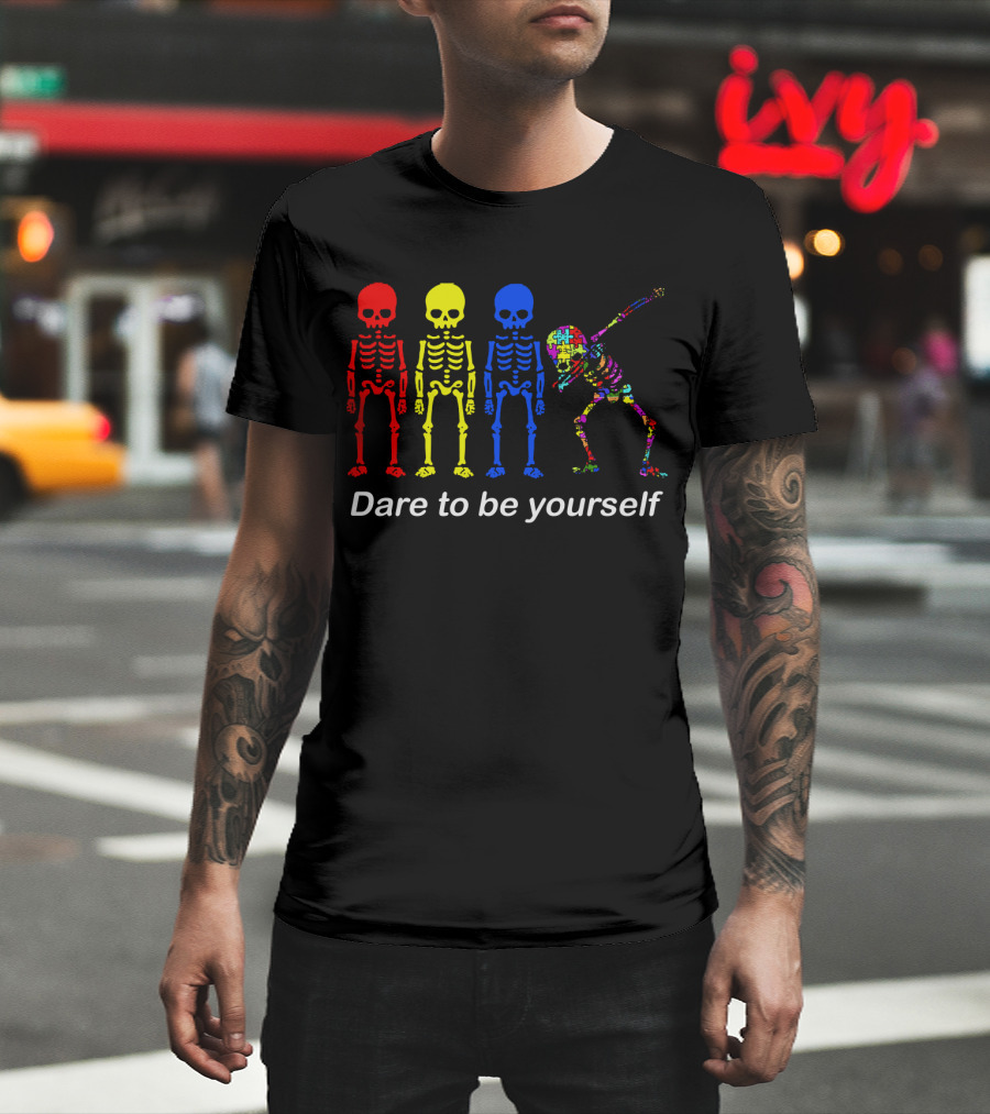 Dare To Be Yourself Autism Awareness Multicolor Skeleton Dance T-Shirt