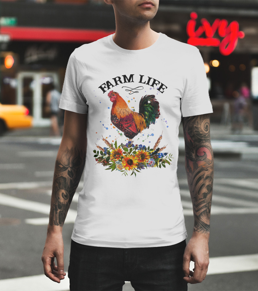 Farm Life Chicken Rooter With Colorful Rooster And Floral Arrangement T-Shirt