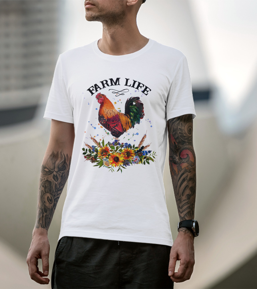 Farm Life Chicken Rooter With Colorful Rooster And Floral Arrangement T-Shirt