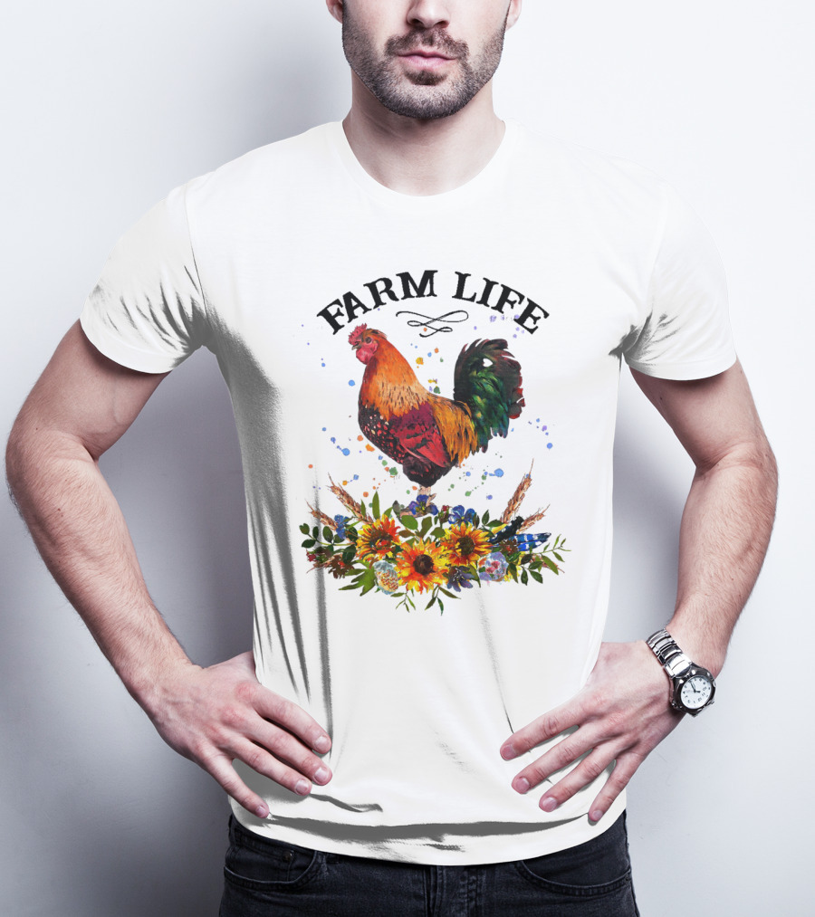 Farm Life Chicken Rooter With Colorful Rooster And Floral Arrangement T-Shirt