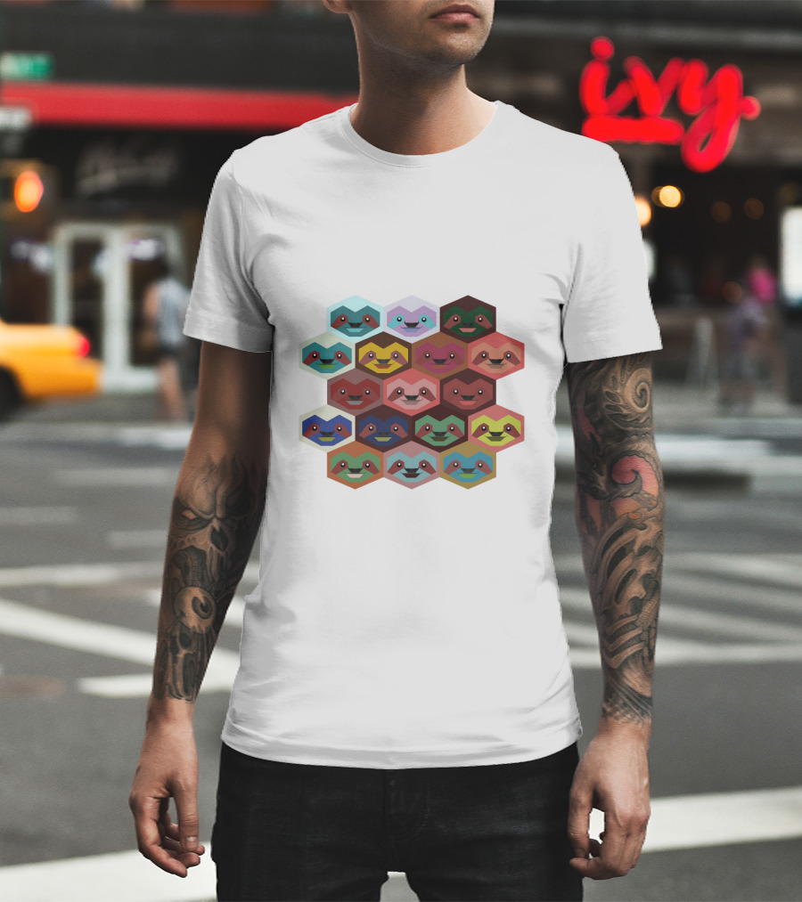 Colorful Hexagon Faces Of Sloths T-Shirt